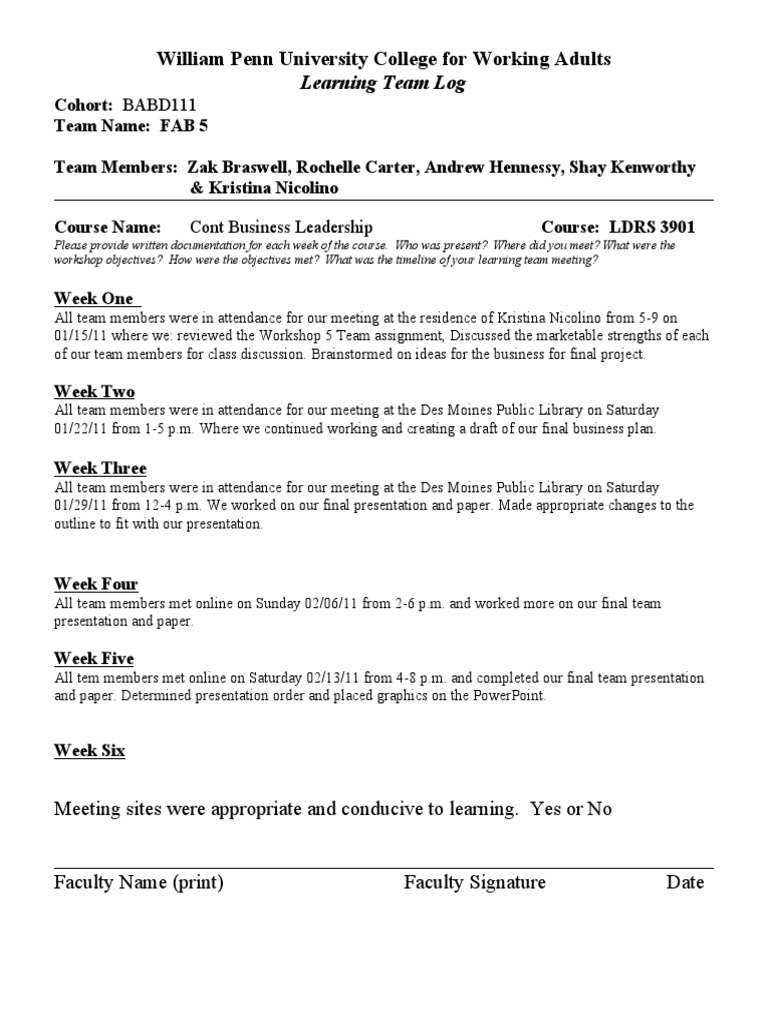 Weekly Learning Team Log for LDRS 3901 | PDF