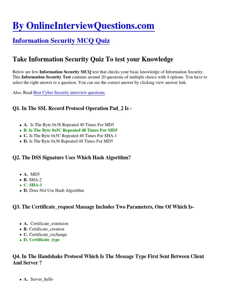 Information Security MCQ PDF | PDF | Information Security | Computer Networking