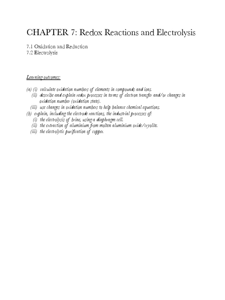 Redox Reactions and Electrolysis Explained | PDF | Redox | Electrochemistry