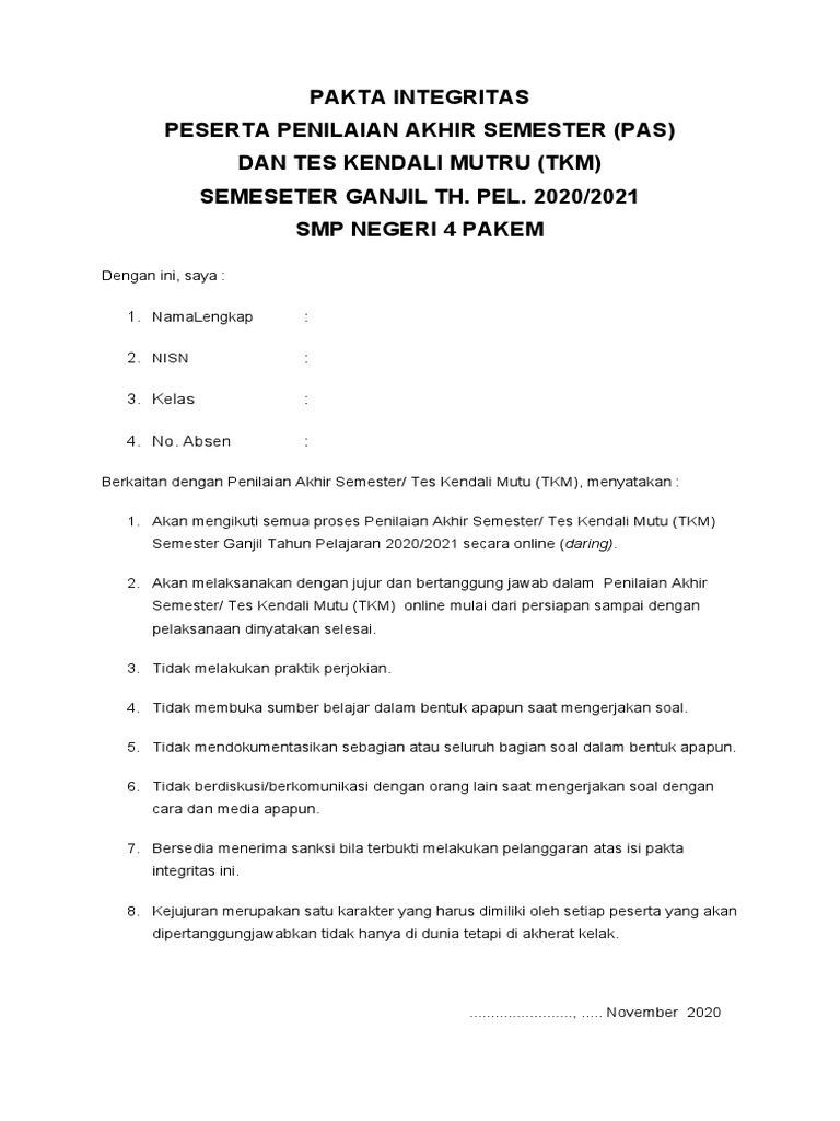Pakta Integritas Bagi Siswa Peserta | PDF