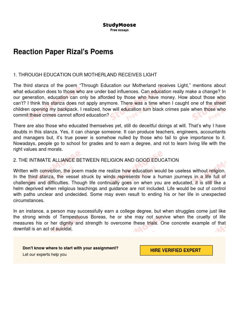 Reaction Paper Rizals Poems | PDF | Wellness