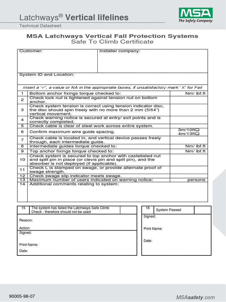 98 - 07 Vertical Fall Arrest Systems Safe To Climb Certificate | PDF ...