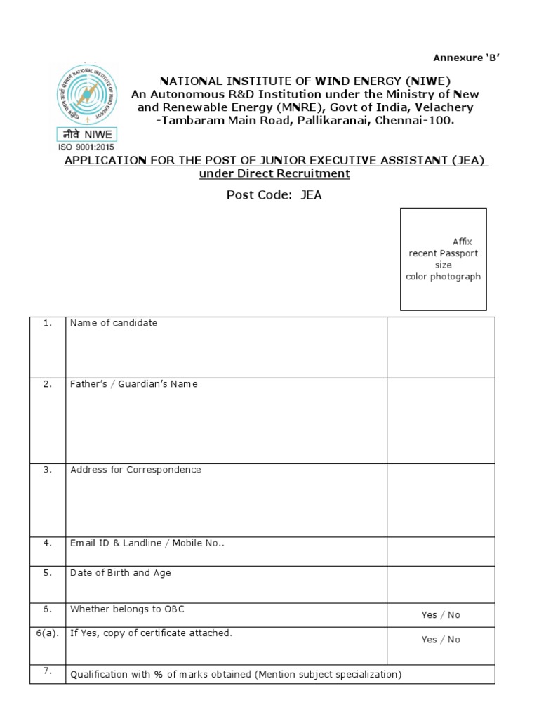 Application Form - Junior Executive Assistant - Direct Recruitment ...