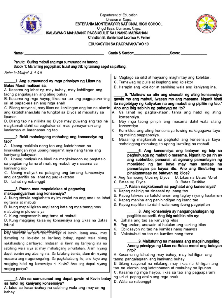 2nd Summative Test-1st Quarter ESP | PDF