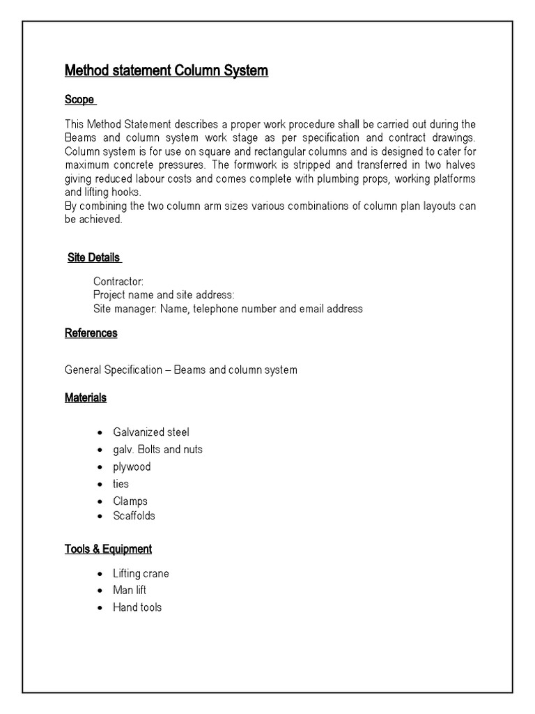 Method Statement Column System | PDF | Personal Protective Equipment ...