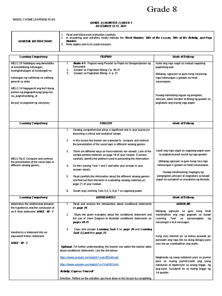 Grade 8 Weekly Home Learning Plan | PDF | Cognition | Learning