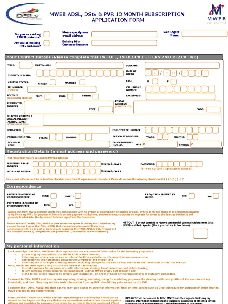 Mweb Adsl DSTV PVR Contract Form Jan 07 | PDF | Credit Card | Digital ...