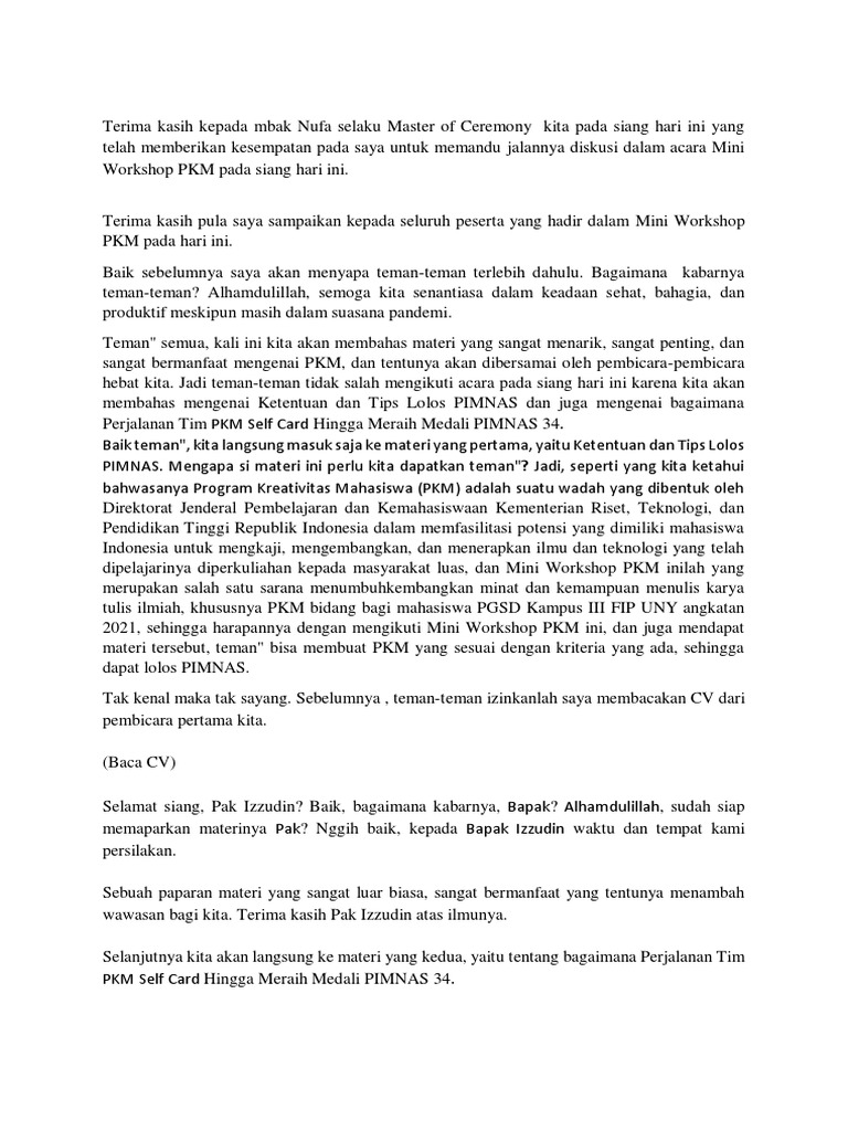 Teks Moderator Mini Workshop PKM | PDF