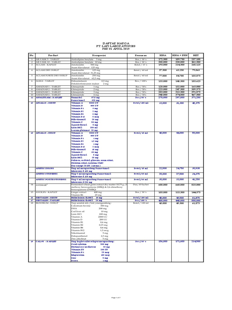 Daftar Harga Pt. Lapi Laboratories PER 01 APRIL 2019 | PDF | Magnesium ...