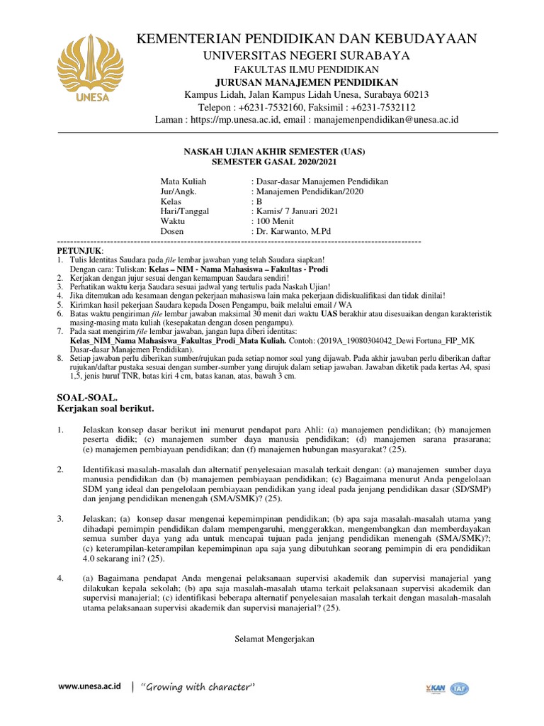 Soal UAS Manajemen Pendidikan 2020/2021 | PDF | Bisnis | Seni