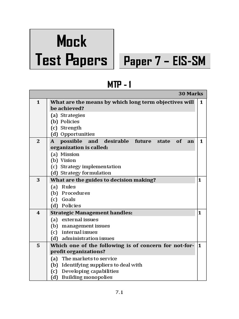 Mock Test Papers: Paper 7 - EIS-SM | PDF | Risk | Strategic Management