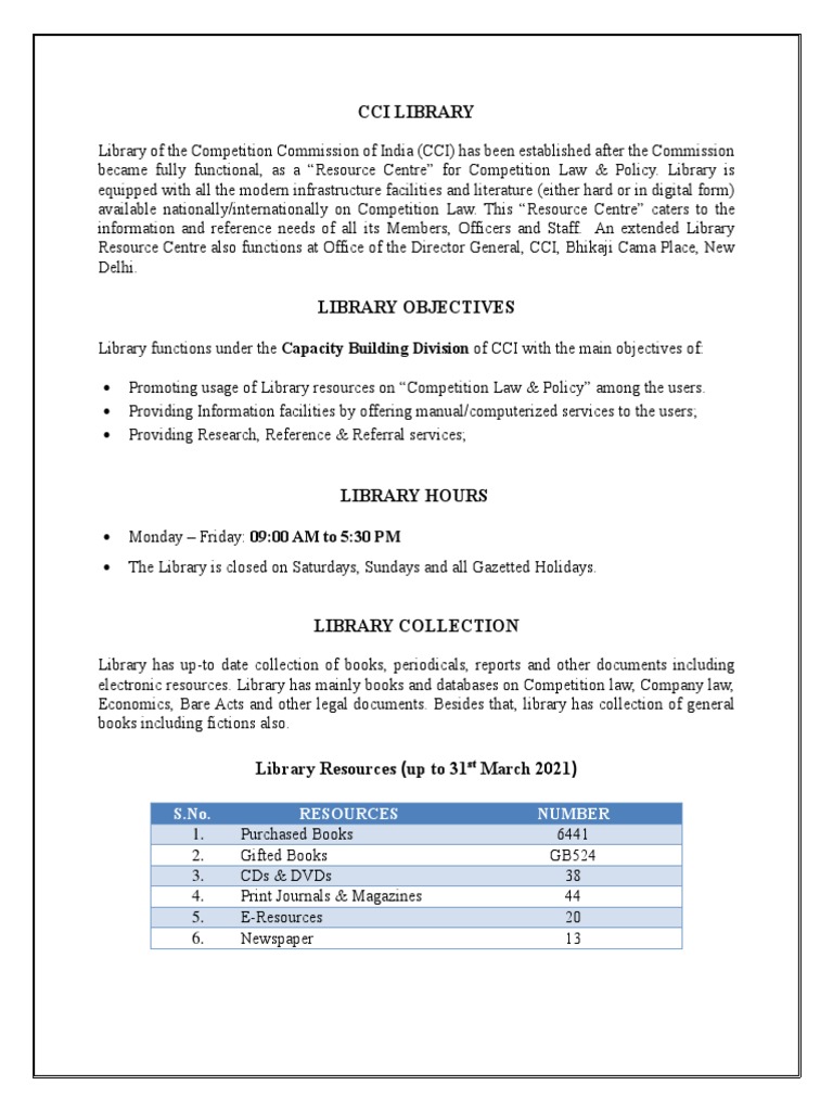 Cci Library: S.No. Resources Number | PDF | Libraries | Books