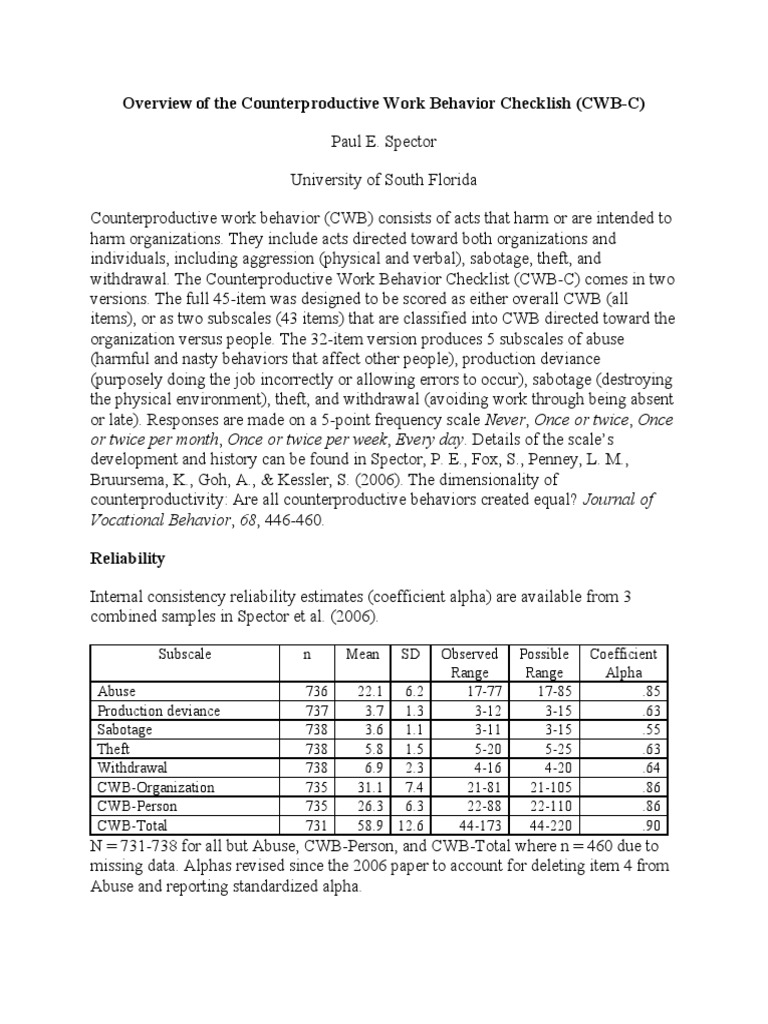Overview of The Counterproductive Work Behavior Checklish (CWB-C) | PDF | Psychological Concepts ...