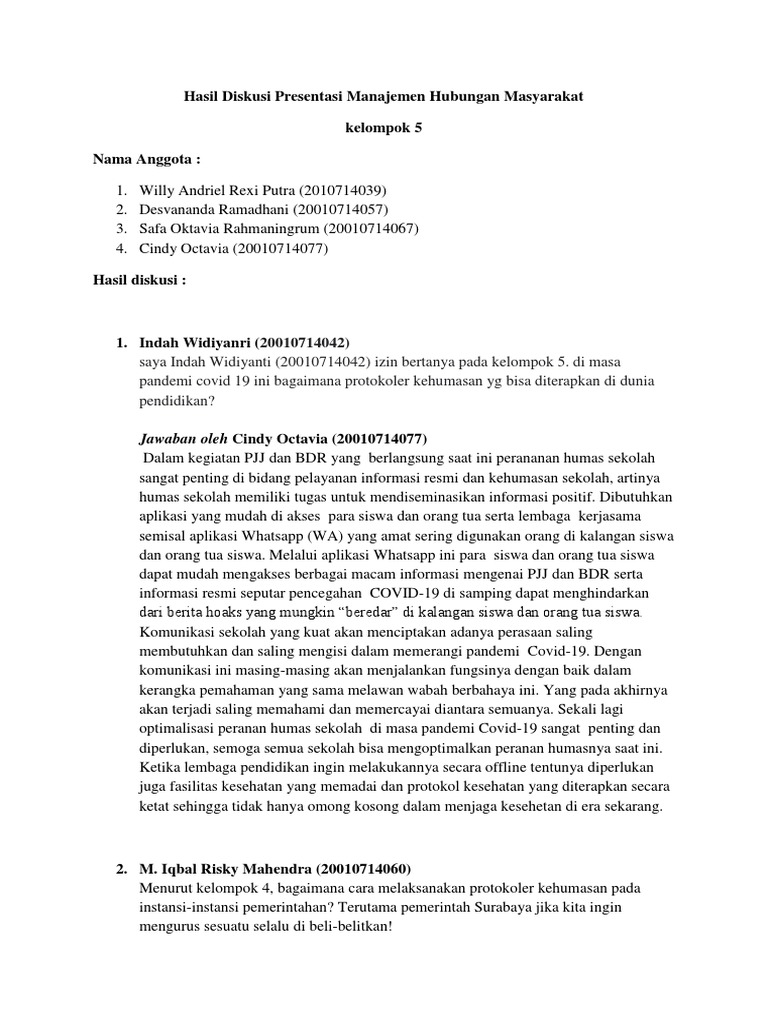 Hasil Diskusi Presentasi Manajemen Hubungan Masyarakat Kel 5 | PDF
