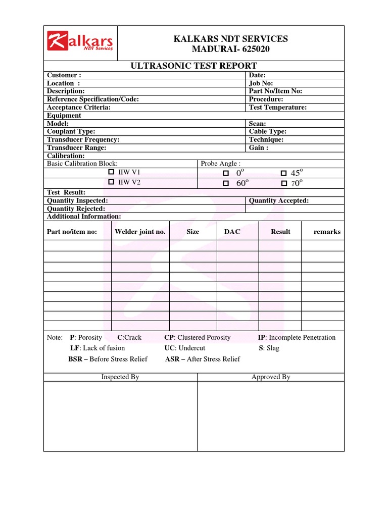 UT NDT Sample Test Report Format | PDF