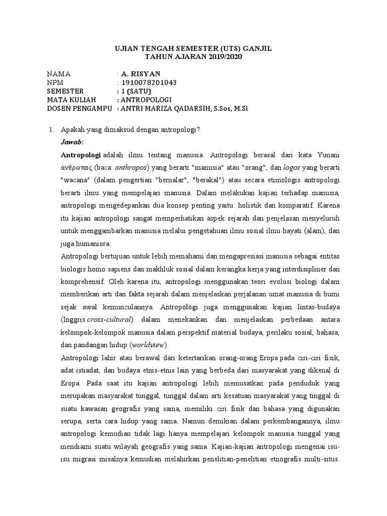 Soal UTS Antropologi Aby | PDF