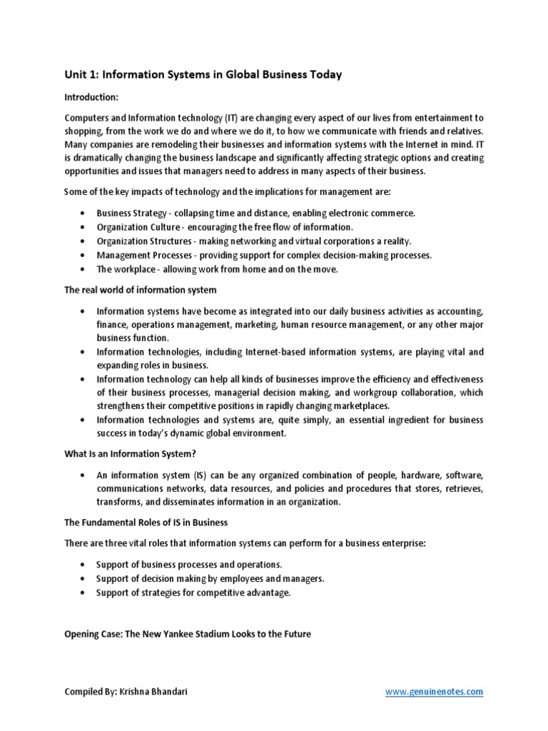 Unit 1 Information Systems In Global Business Today 1 Pdf Information System System