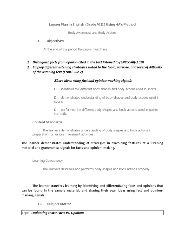 4a's Lesson Plan Sample | PDF | Lesson Plan | Teaching