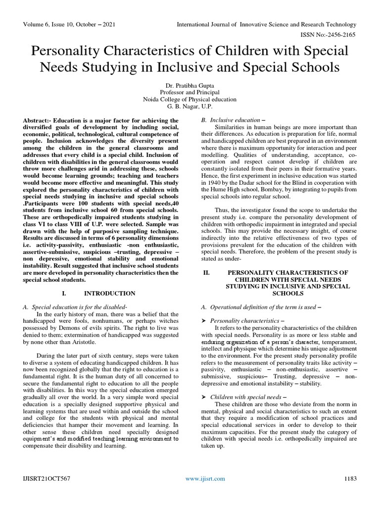 Personality Characteristics of Children With Special Needs Studying in ...