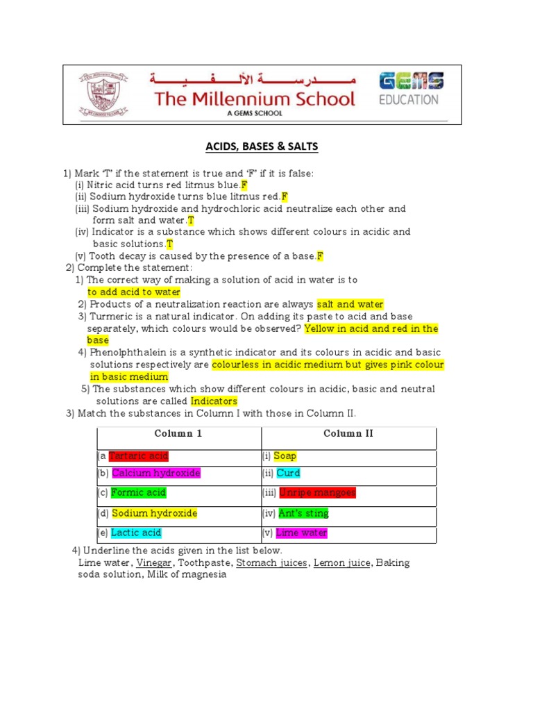 Worksheet 1 Answer Key | PDF | Physical Sciences | Chemical Elements