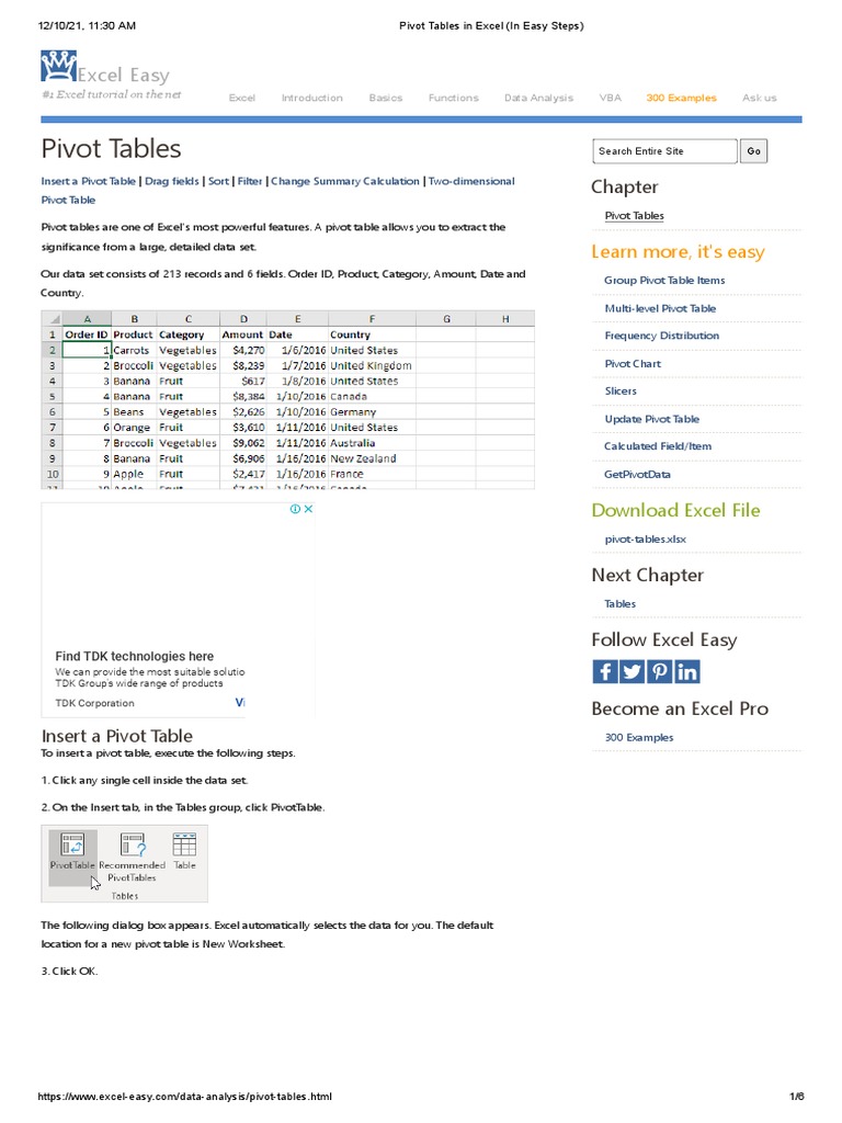 Pivot Tables in Excel (In Easy Steps) | PDF | Microsoft Excel ...