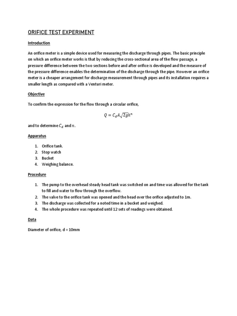 Orifice Test Experiment | PDF | Flow Measurement | Chemical Engineering