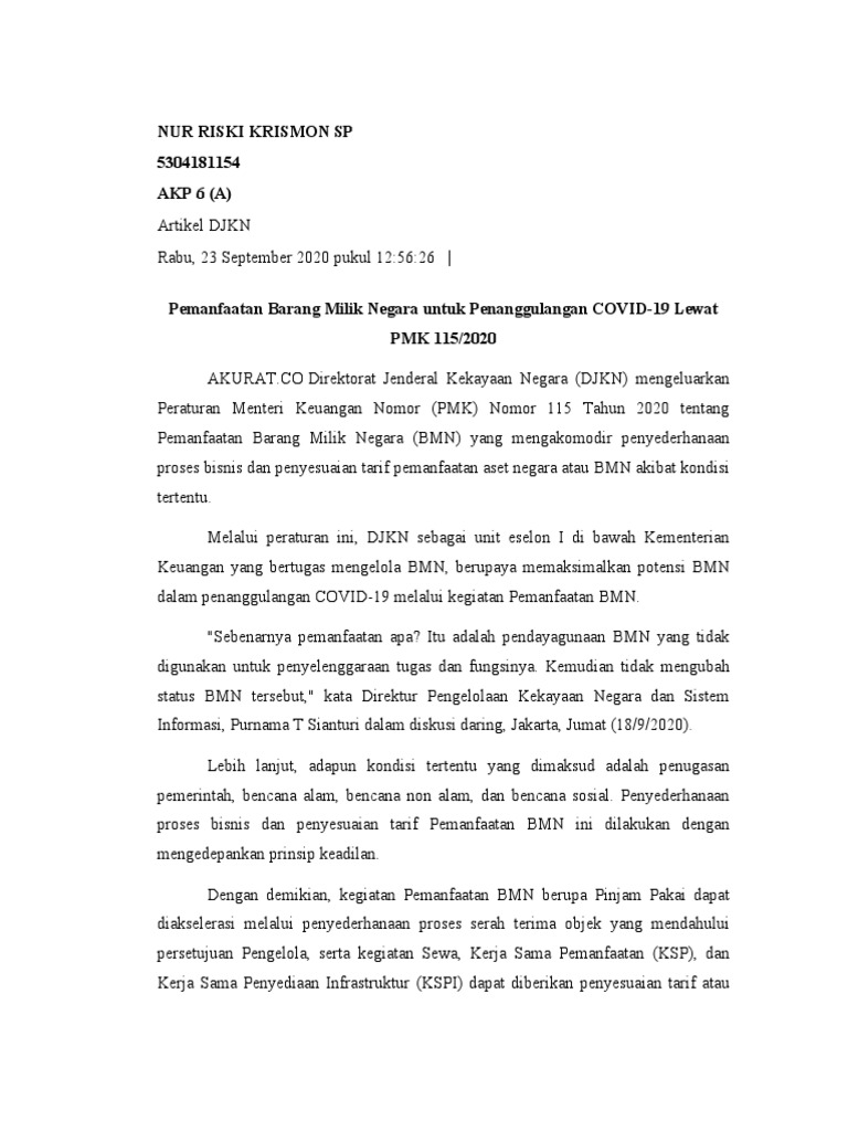 Artikel Pemanfaatan BMN Pinjam Pakai (Nur Riski Krismon SP) | PDF