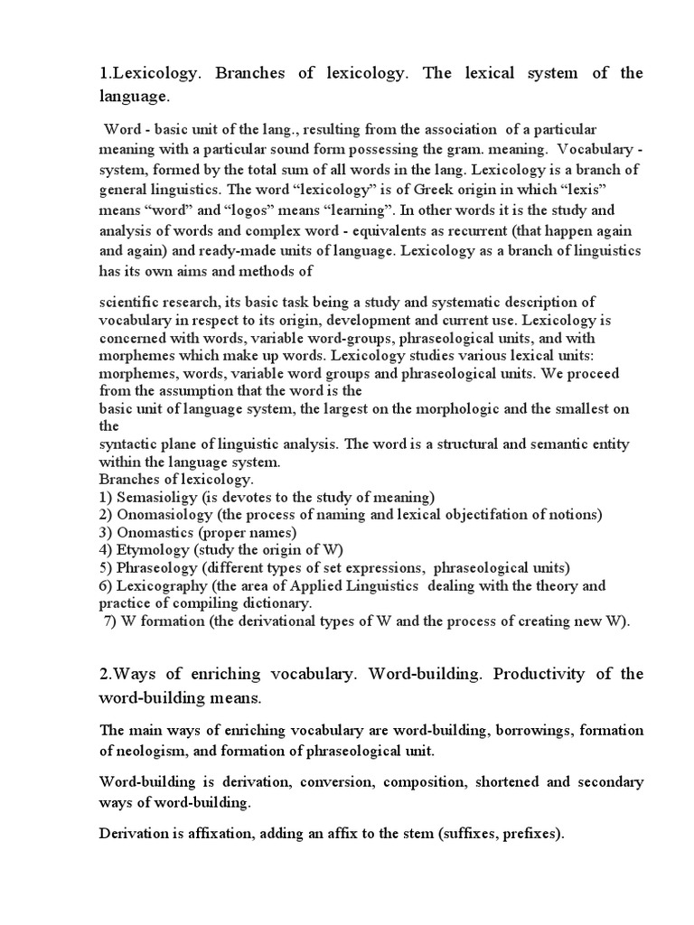 1.lexicology. Branches of Lexicology. The Lexical System of The ...