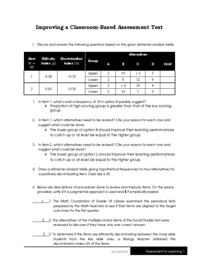 Improving A Classroom-Based Assessment Test | PDF | Educational ...