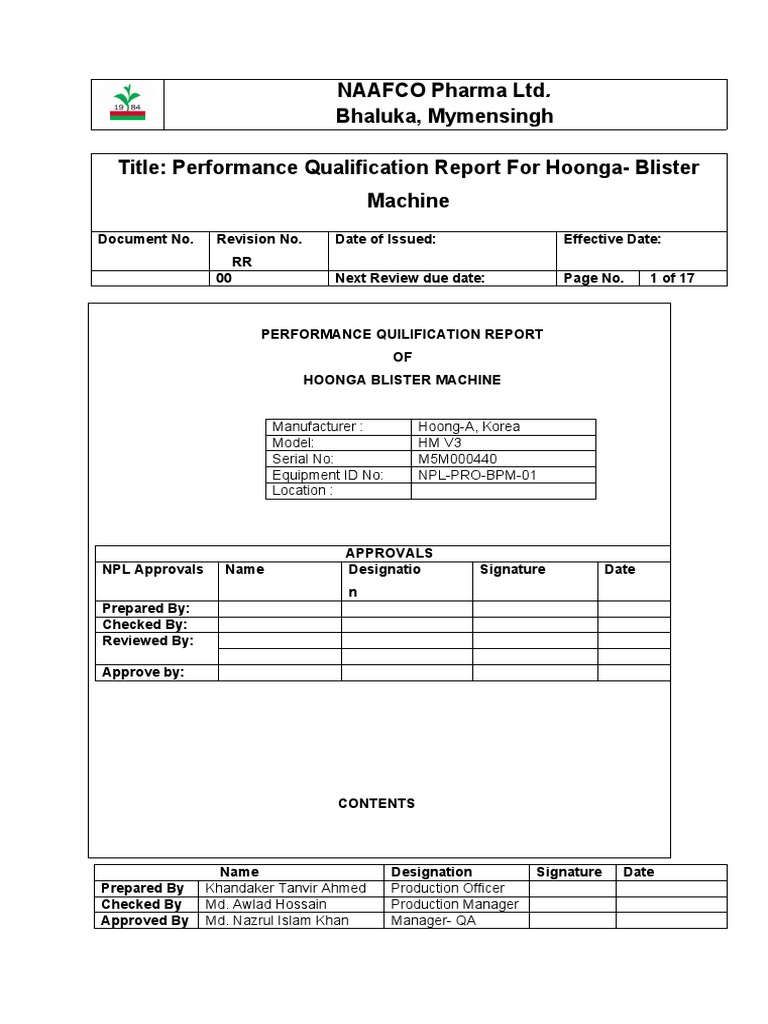 NAAFCO Pharma Ltd. Bhaluka, Mymensingh Title: Performance Qualification ...