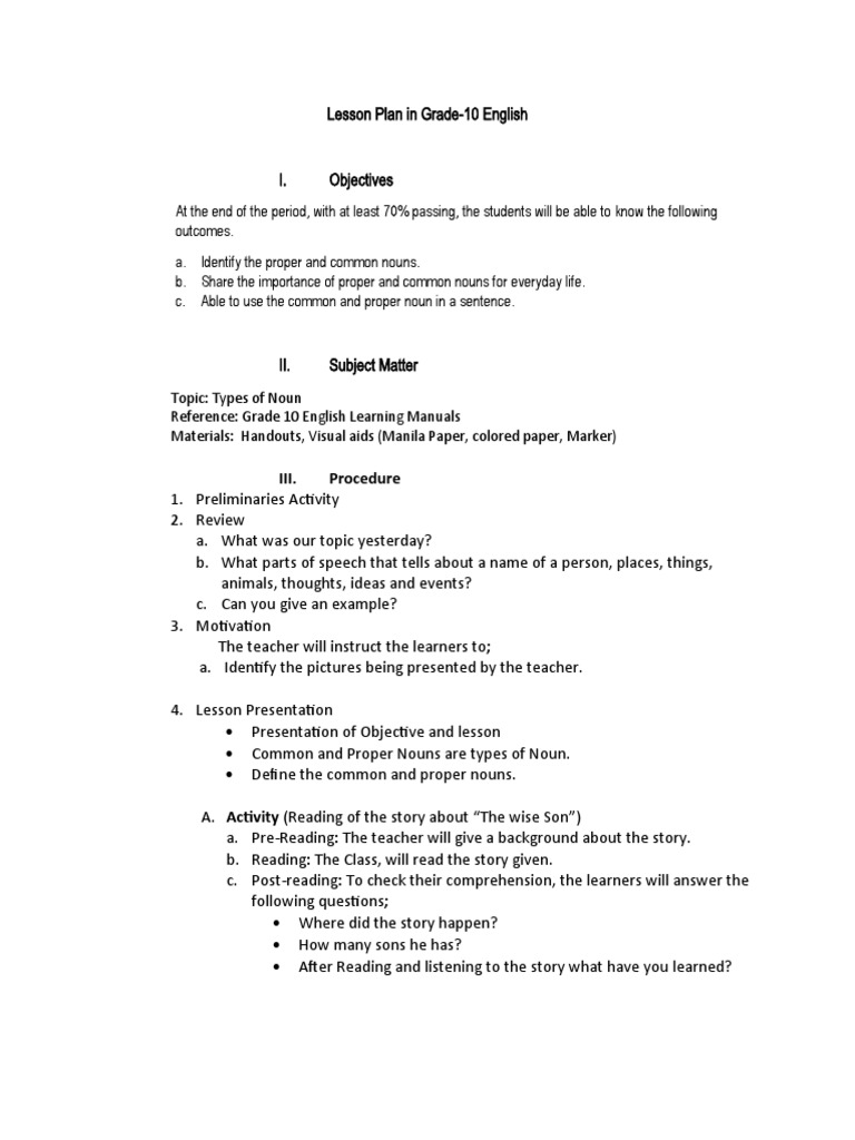 Lesson Plan For Grade 10 | PDF | Lesson Plan | Noun