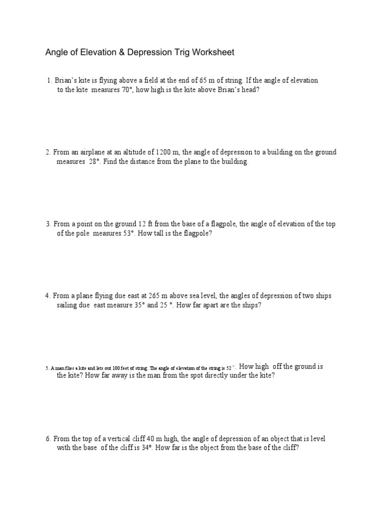 Angle Of Elevation And Depression Worksheet 2 Answers