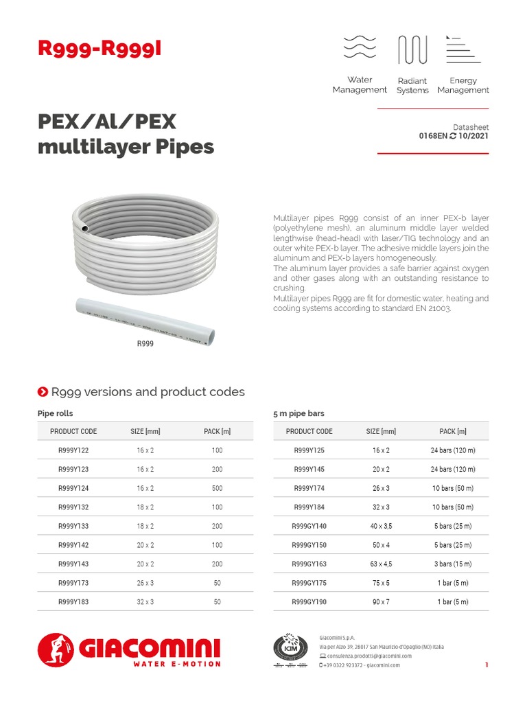 Pex/Al/Pex Multilayer Pipes: R999 Versions and Product Codes | PDF ...