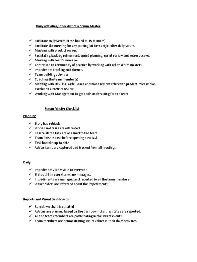 Daily Activities/ Checklist of A Scrum Master | PDF