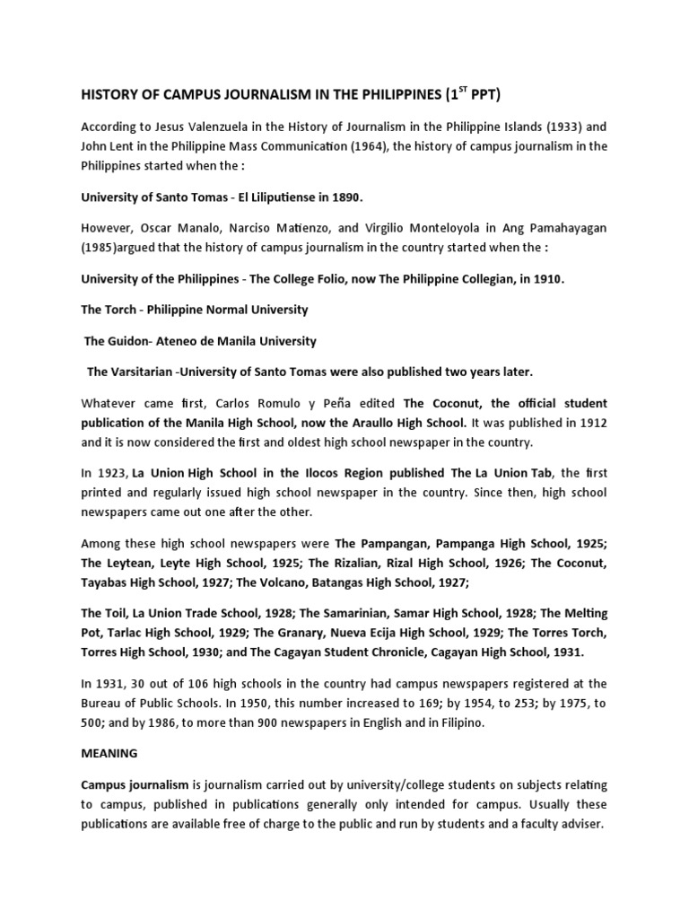 History of Campus Journalism in The Philippines (1 | PDF | Journalism ...