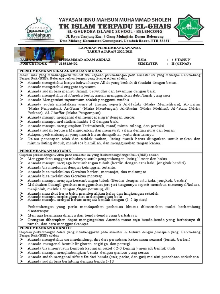 Contoh Rapot Paud | PDF