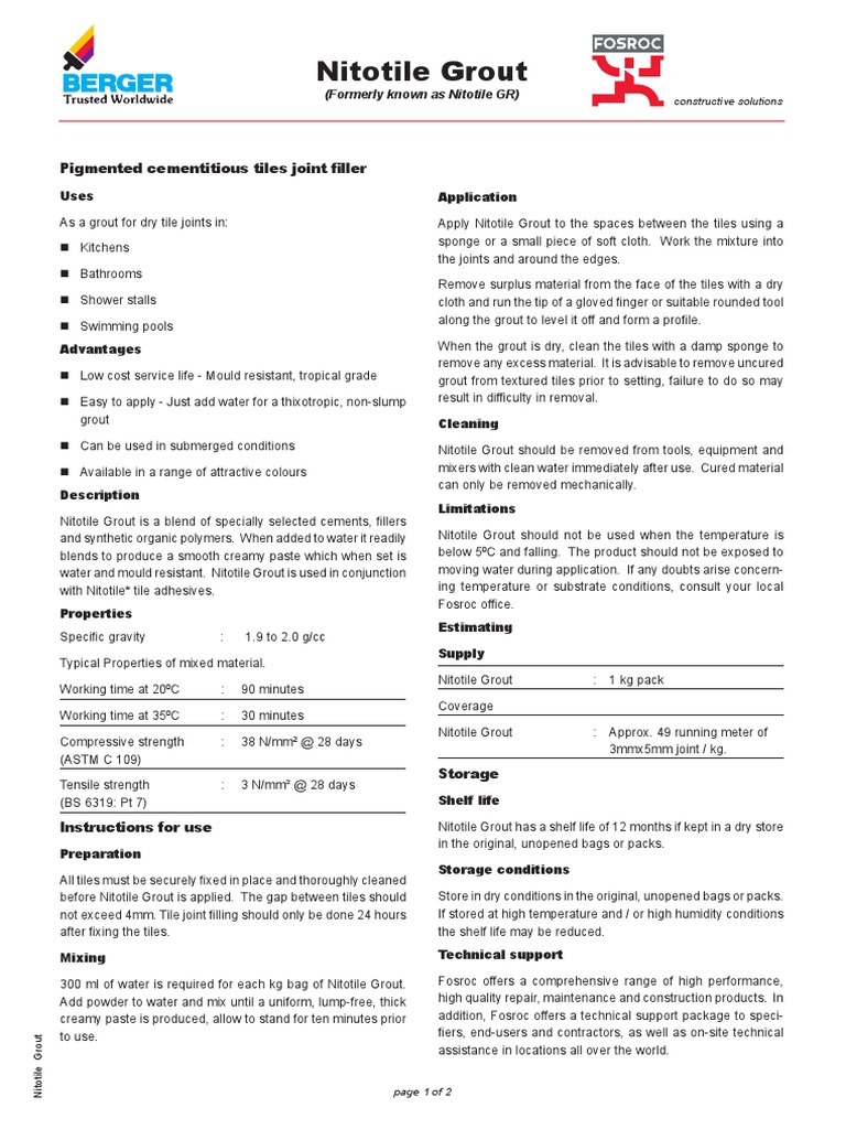Nitotile Grout: Pigmented Cementitious Tiles Joint Filler | PDF ...