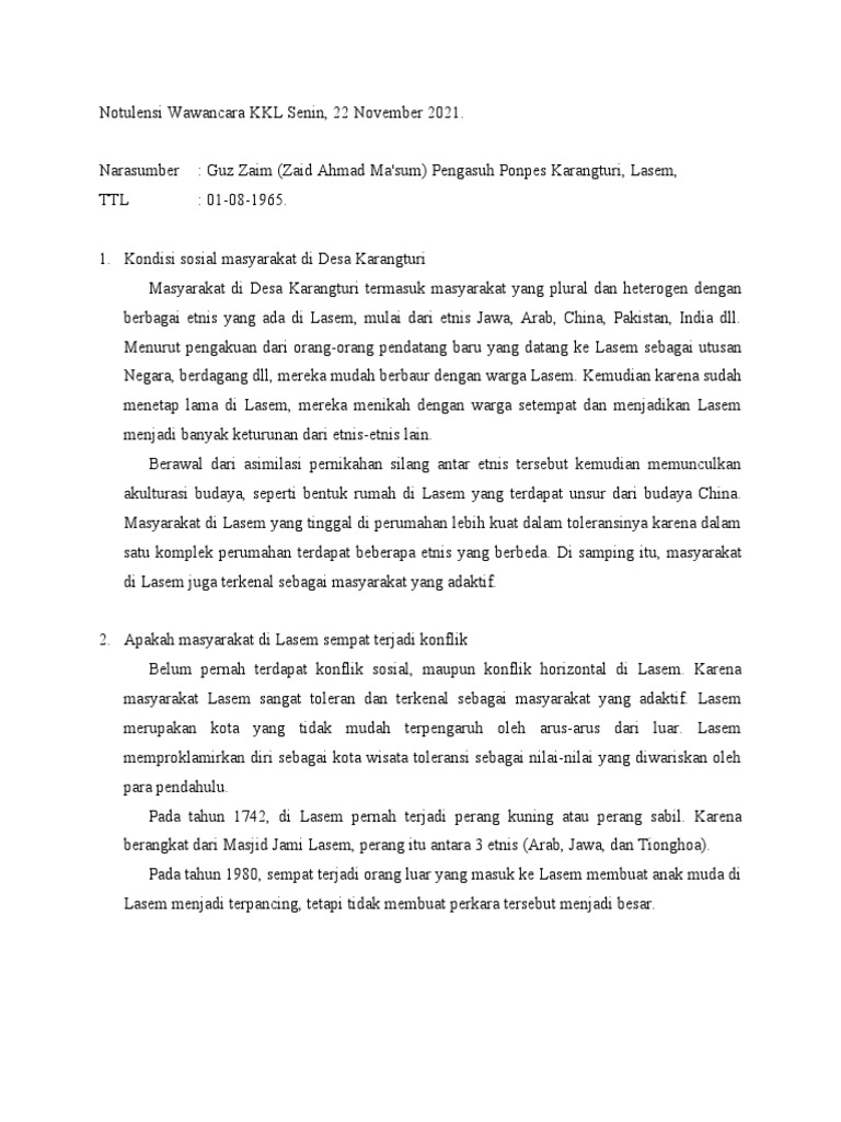 Notulensi Wawancara Gus Zaim tentang Lasem | PDF | Agama & Spiritualitas