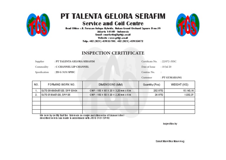 Inspection Certificate TGS | PDF
