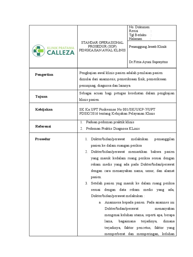 Sop Pengkajian Awal Klinis | PDF | Sains & Matematika