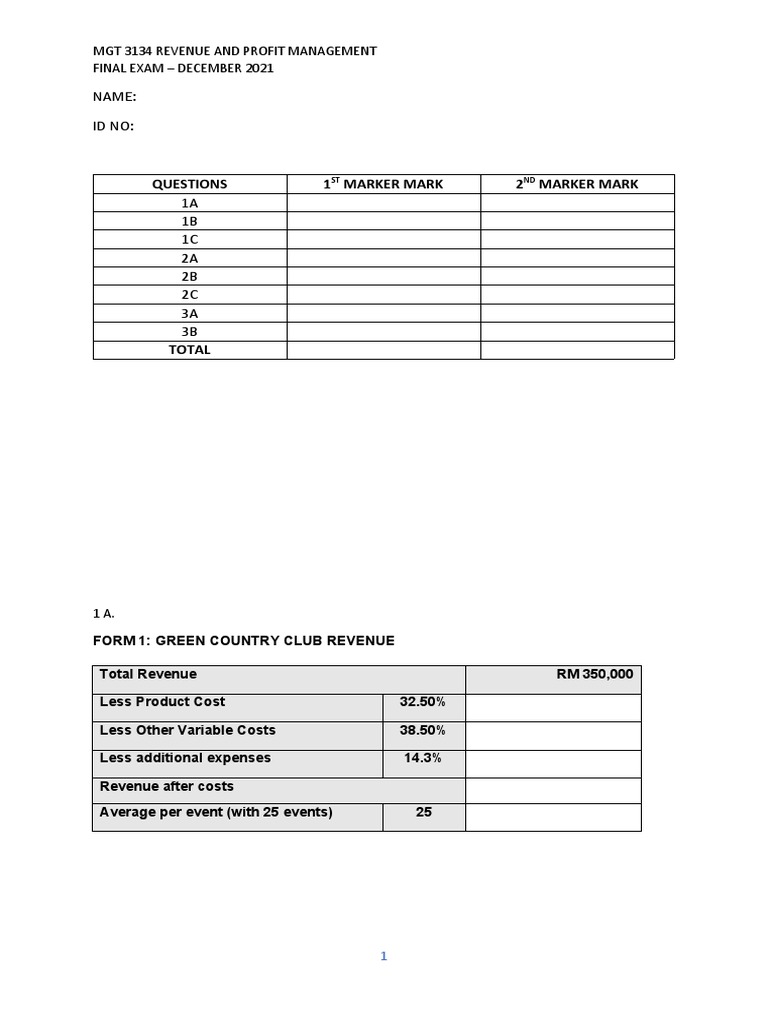 Questions 1 Marker Mark 2 Marker Mark: Name: Id No | PDF