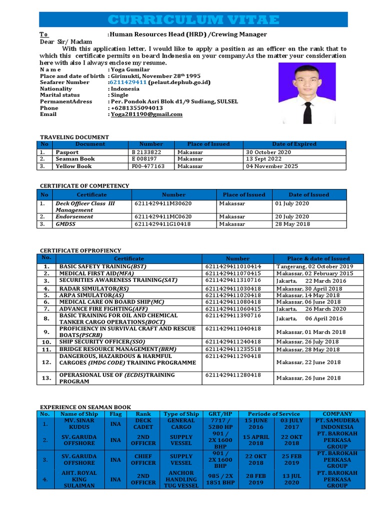 Curriculum Vitae: Deck Officer Class III Management Endorsement Gmdss ...