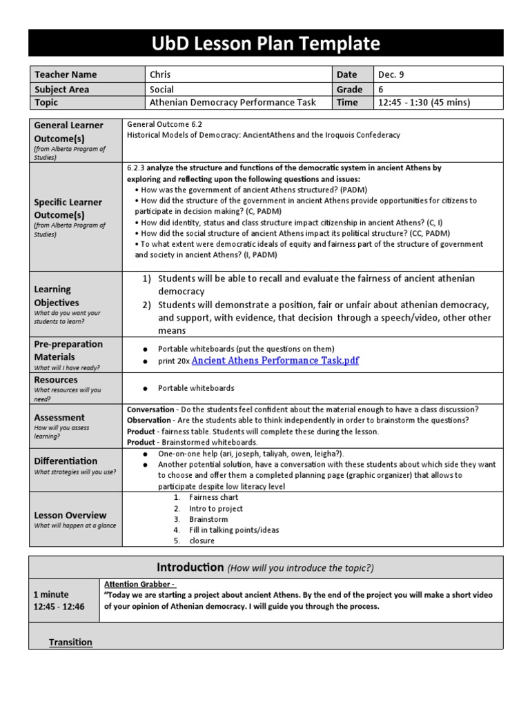 Ubd Lesson Plan Template: Teacher Name Date Subject Area Grade Topic ...