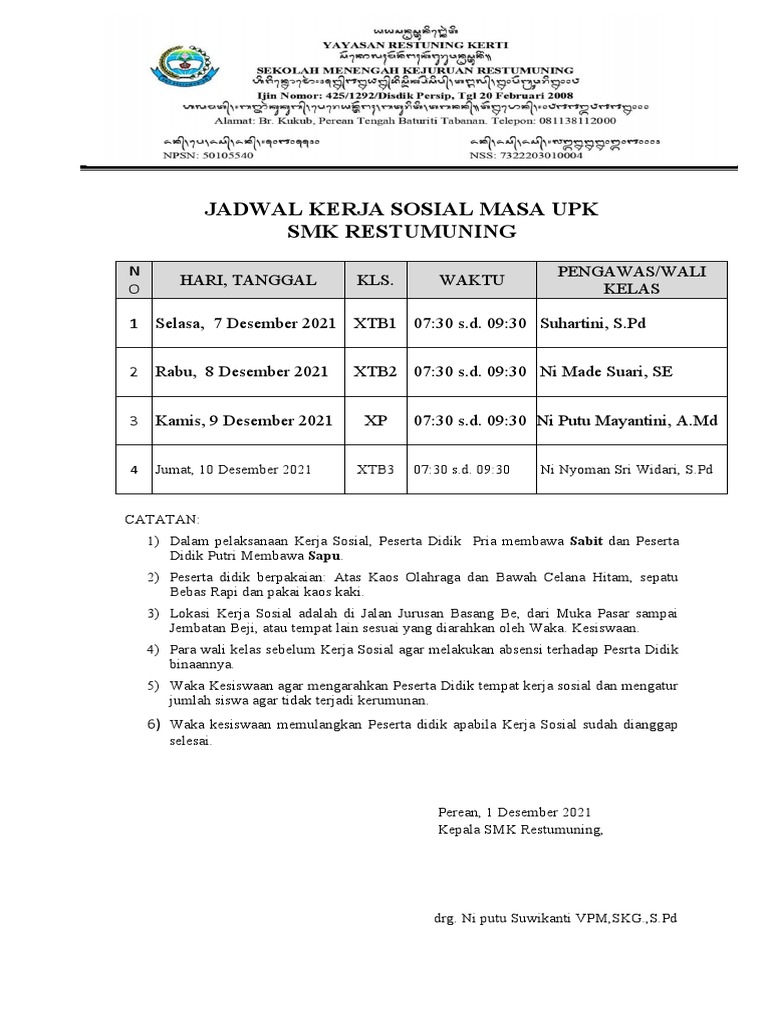 Jadwal Kerja Sosial Masa Upk | PDF