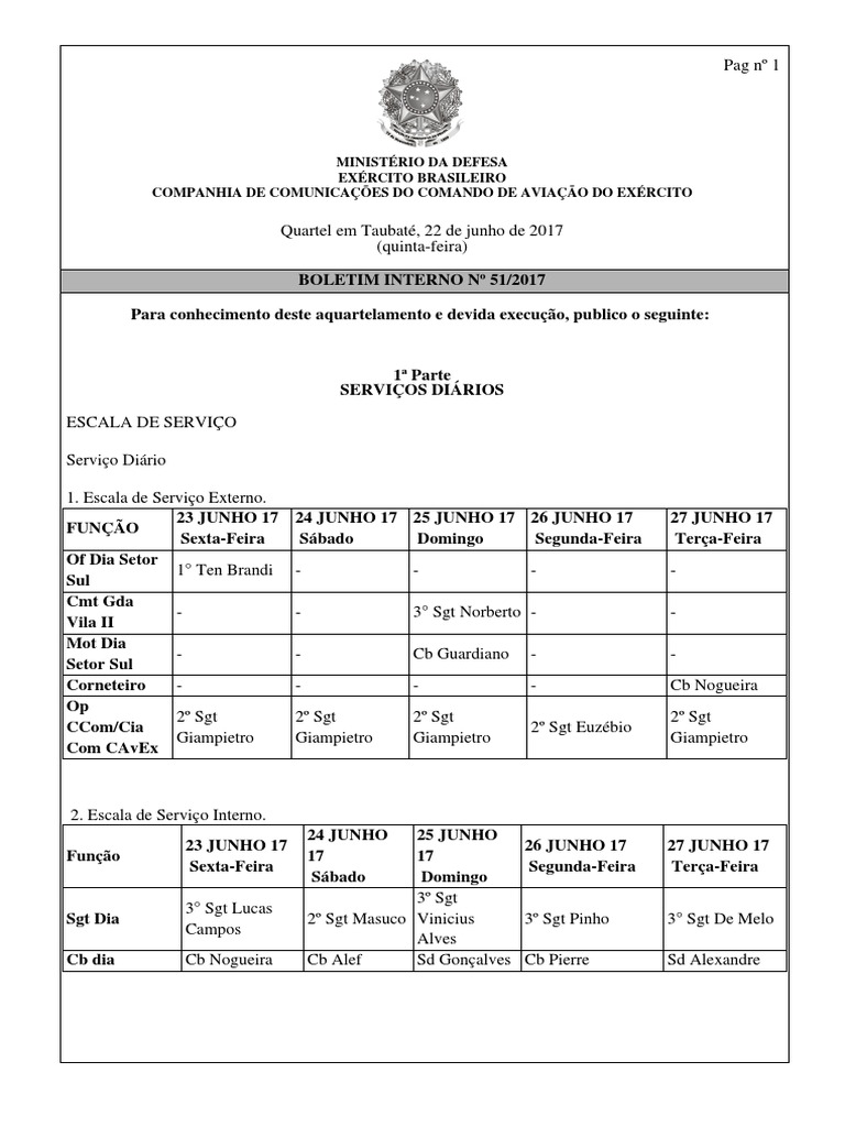 Boletim Interno 51/2017 da Companhia de Comunicações do Comando de ...
