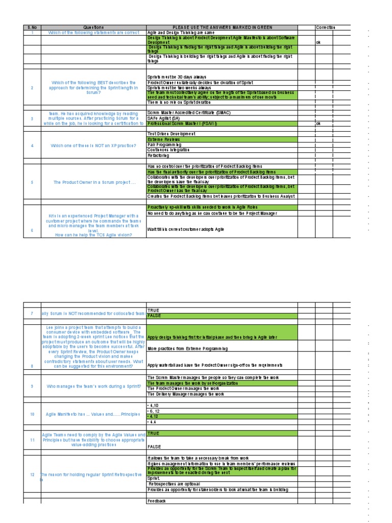 S No Questions Please Use The Answers Marked In Green Download Free Pdf Scrum Software