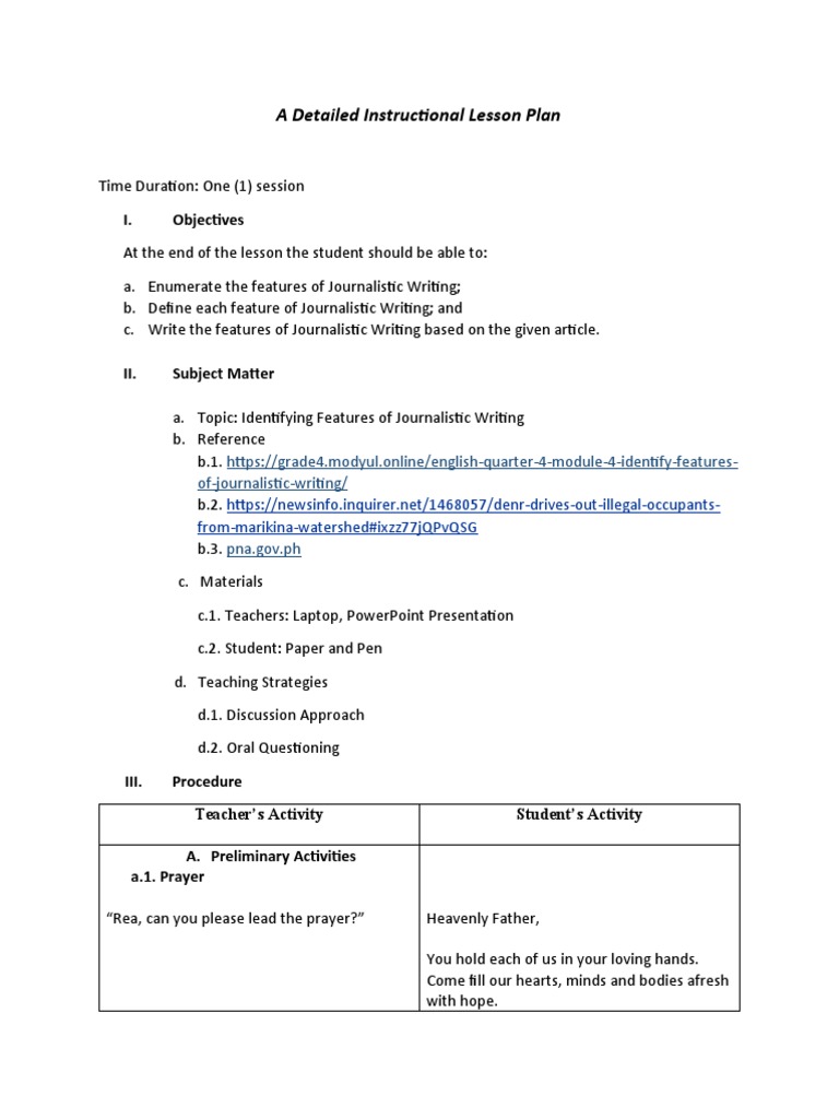 Features of Journalistic Writing Lesson | PDF | News | Journalism