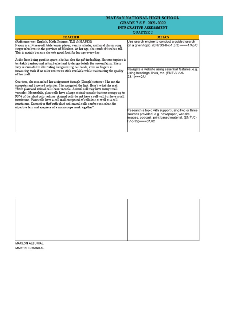 Grade 7 Integrative Assessment | PDF | Vacuole | Pound (Mass)