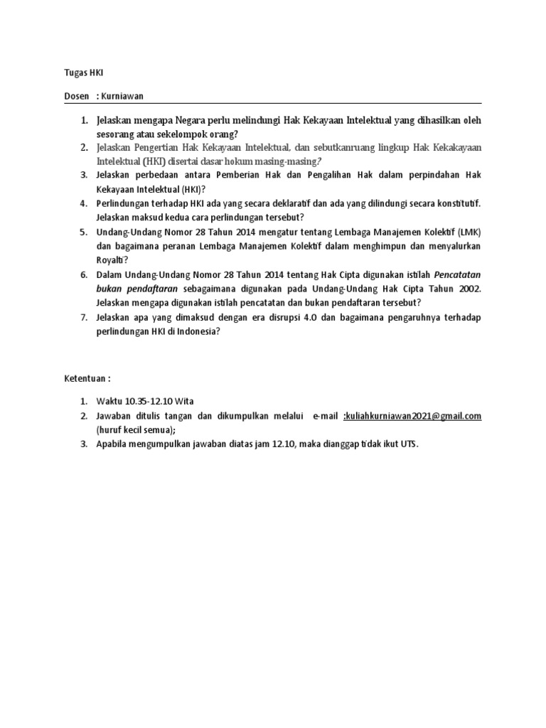 Soal UTS HKI 2021 6.10.21 | PDF