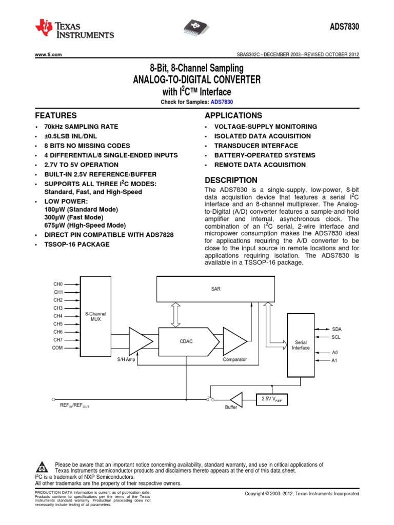 Ti Ads7830 Adc8bit | PDF | Power Supply | Analog To Digital Converter